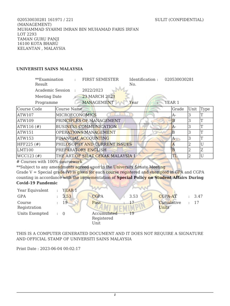 USM (SMU-Pelajar) - Semester Grade | PDF