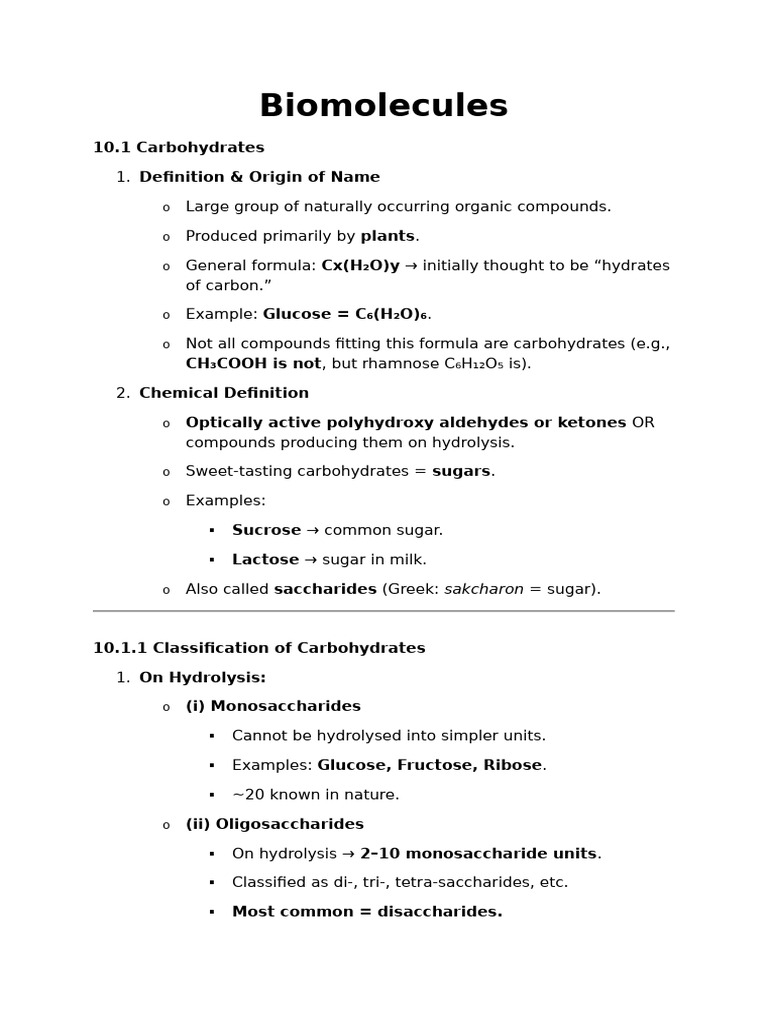 Biomolecules TB Short Notes | PDF | Carbohydrates | Glucose