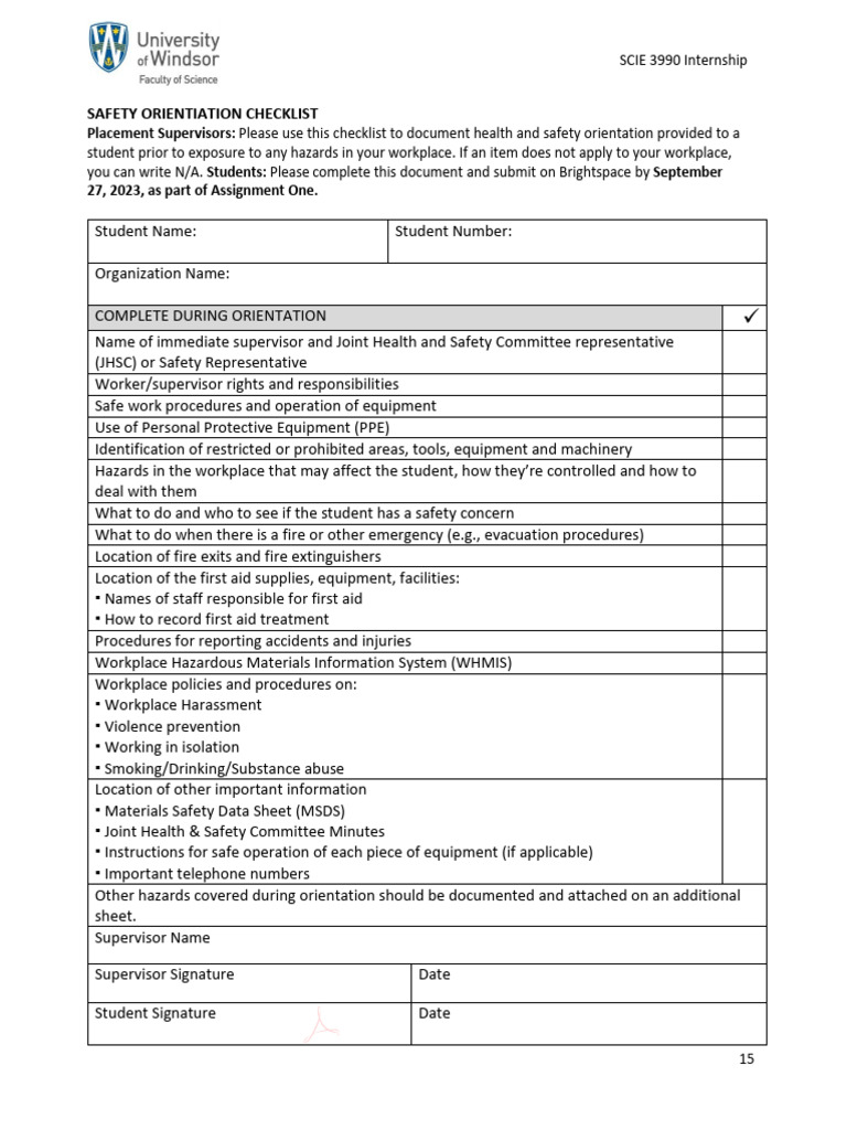 SCIE 3990 Safety Checklist Fall 2023 | PDF | Occupational Safety And ...