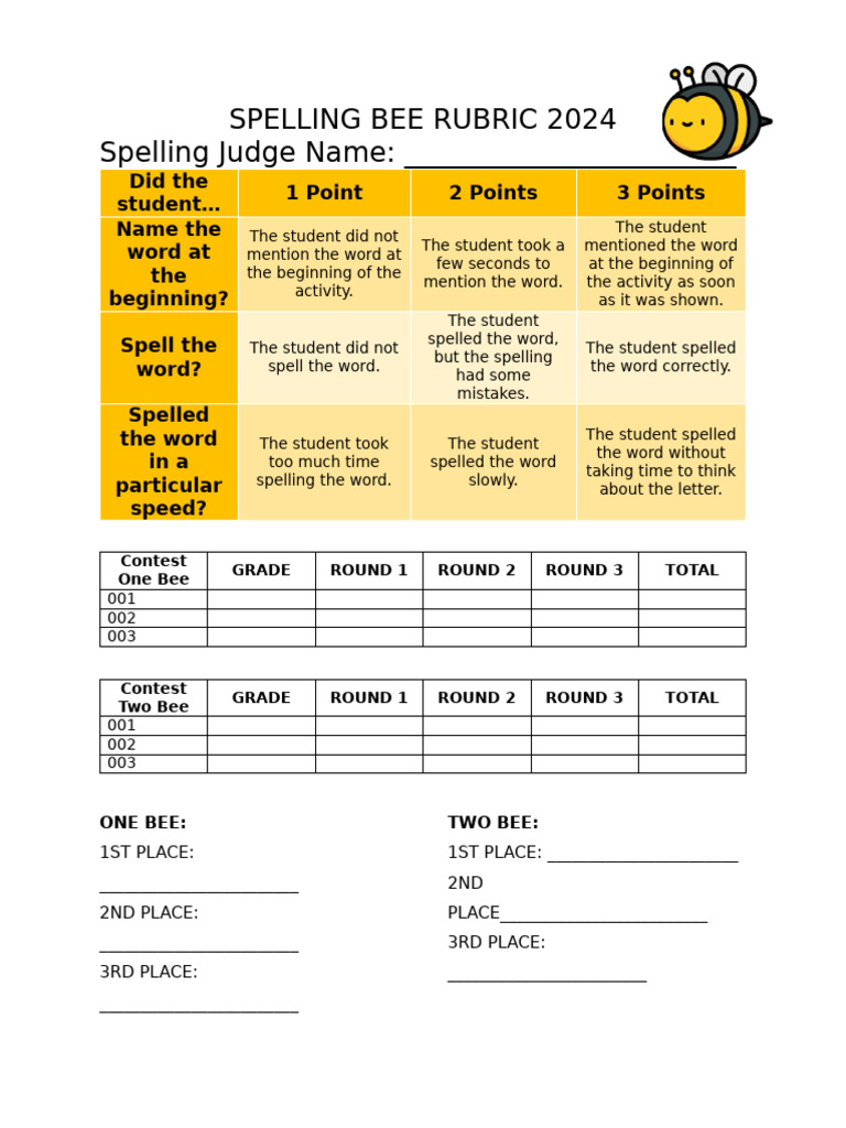 Spelling Bee Rubric 2024 | PDF