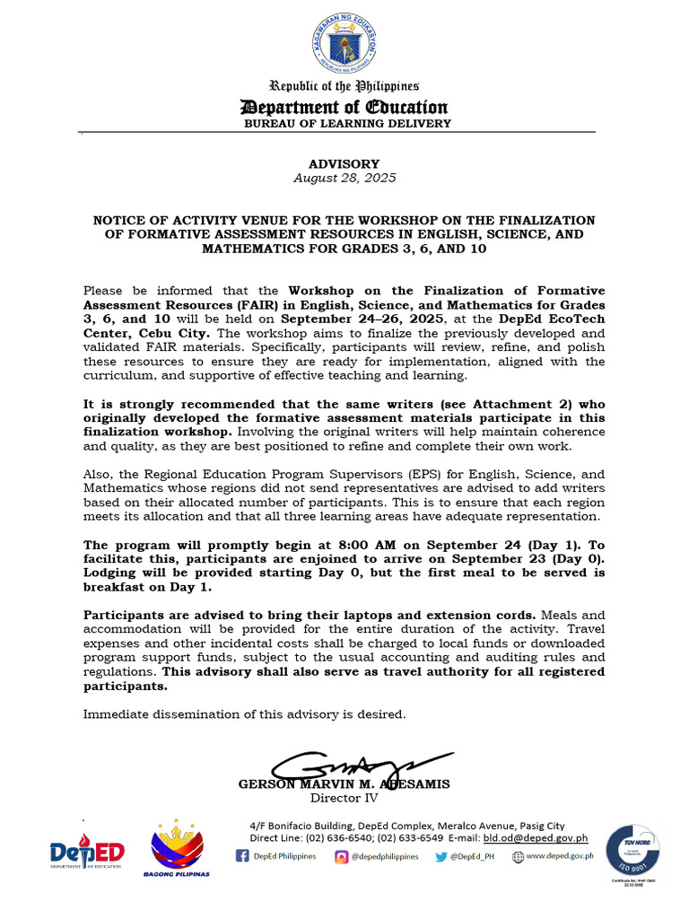 Signed Advisory For Formative Assessment Finalization | PDF | Metro Manila | Philippines