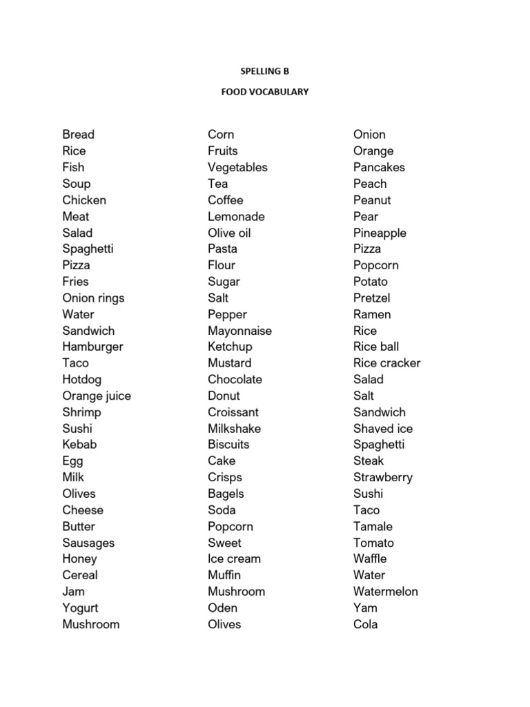 Food Vocabulary List for Spelling B | PDF