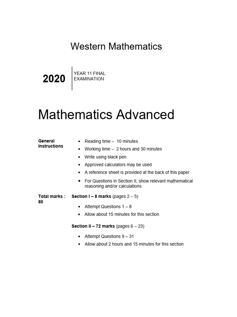 2020 Year 11 Mathematics Exam Guide | PDF | Circle | Multiple Choice