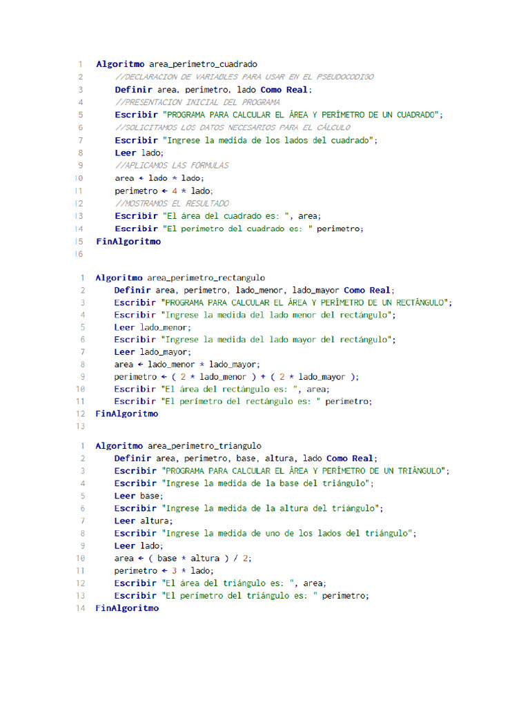 Ejercicios Pseint Area y Perimetro de Figuras Geometricas - 105337 | PDF