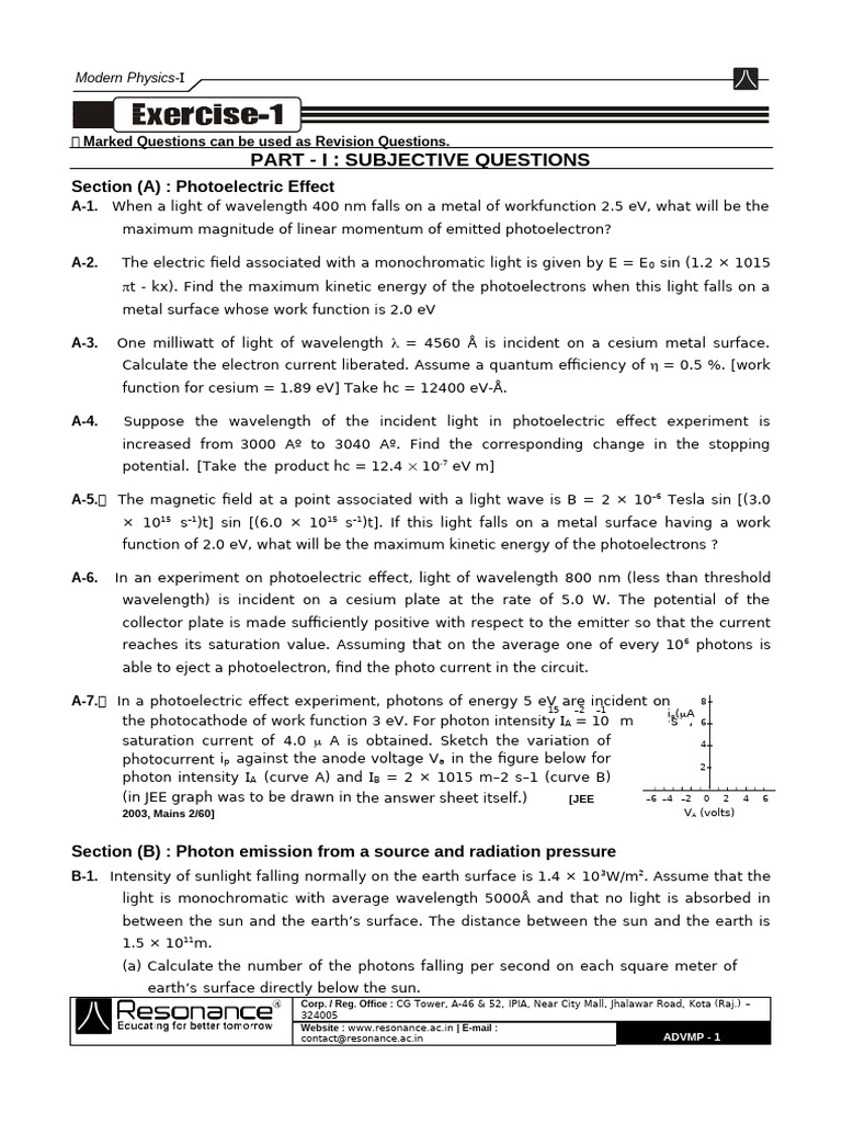 Modern Physics Exercise 1 To 3 | PDF | Photoelectric Effect | Atoms