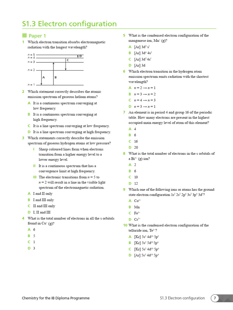 S1.3 Electronic Configurations Questions | PDF | Emission Spectrum ...