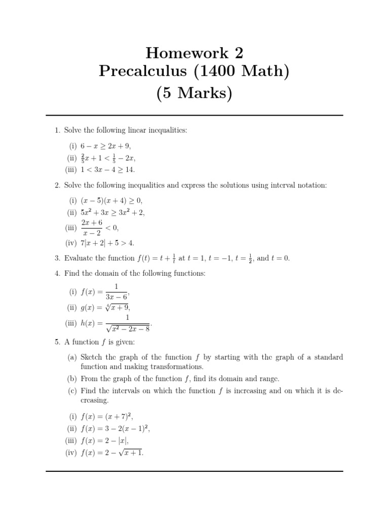 Precalculus Homework: Inequalities & Functions | PDF
