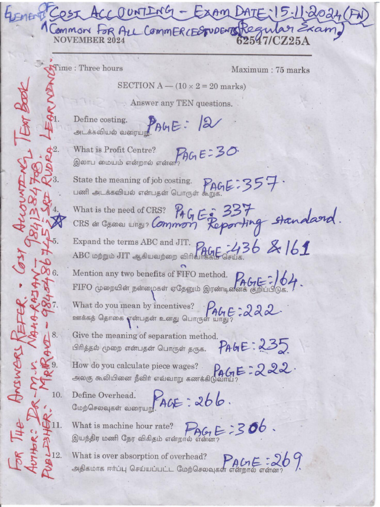 Cost Ac - I QN Paper 15.11.24 FN | PDF