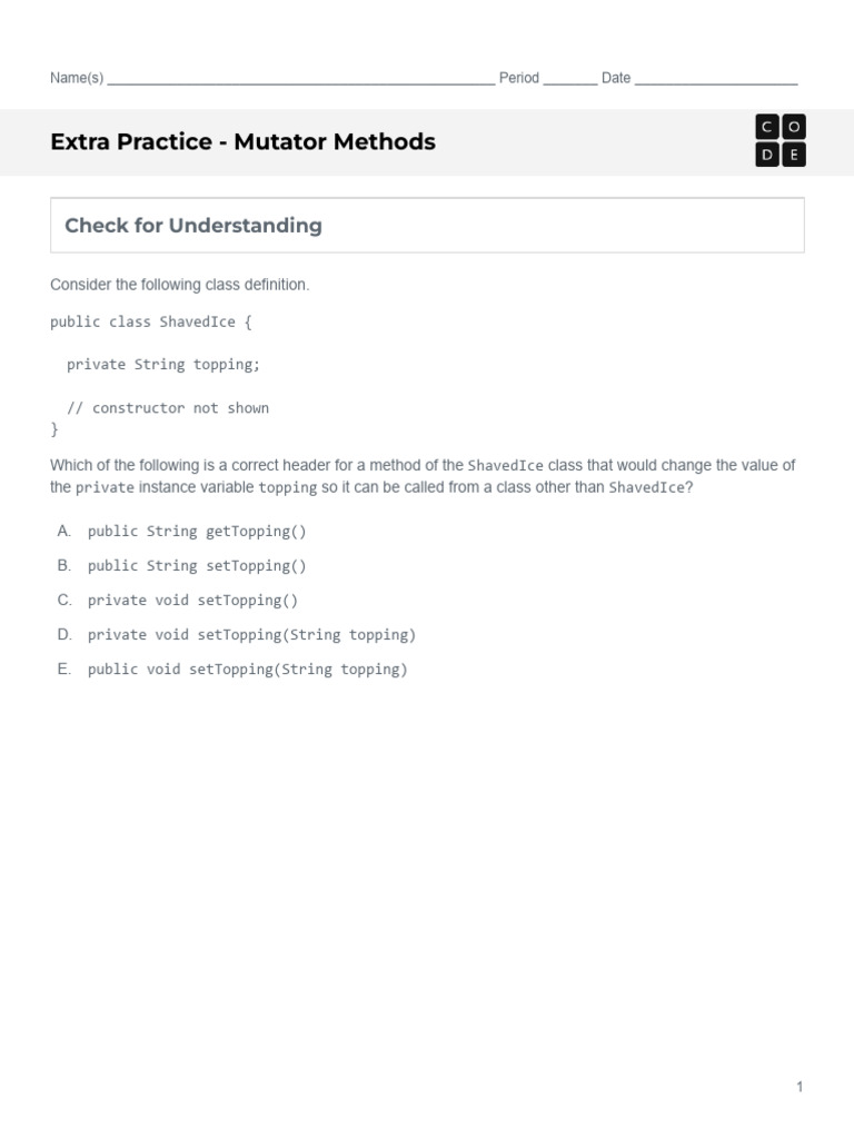 Csa Mutator Methods Extra Practice Pdf