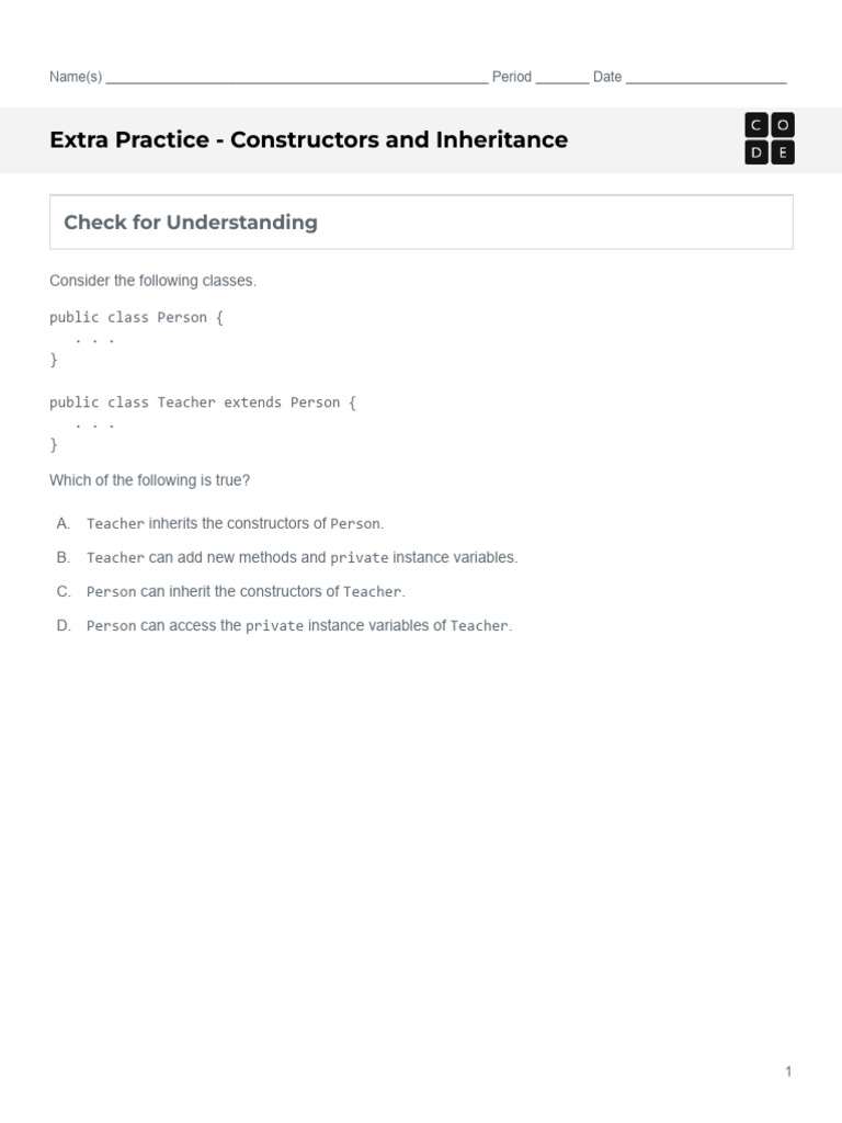 CSA Constructors and Inheritance Extra Practice | PDF