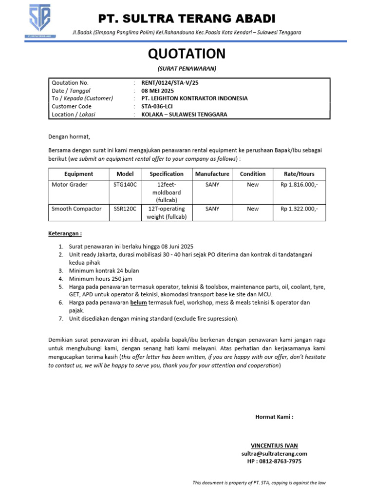 Quotation - Rental Offering Motor Grader & Compactor - PT. LCI | PDF
