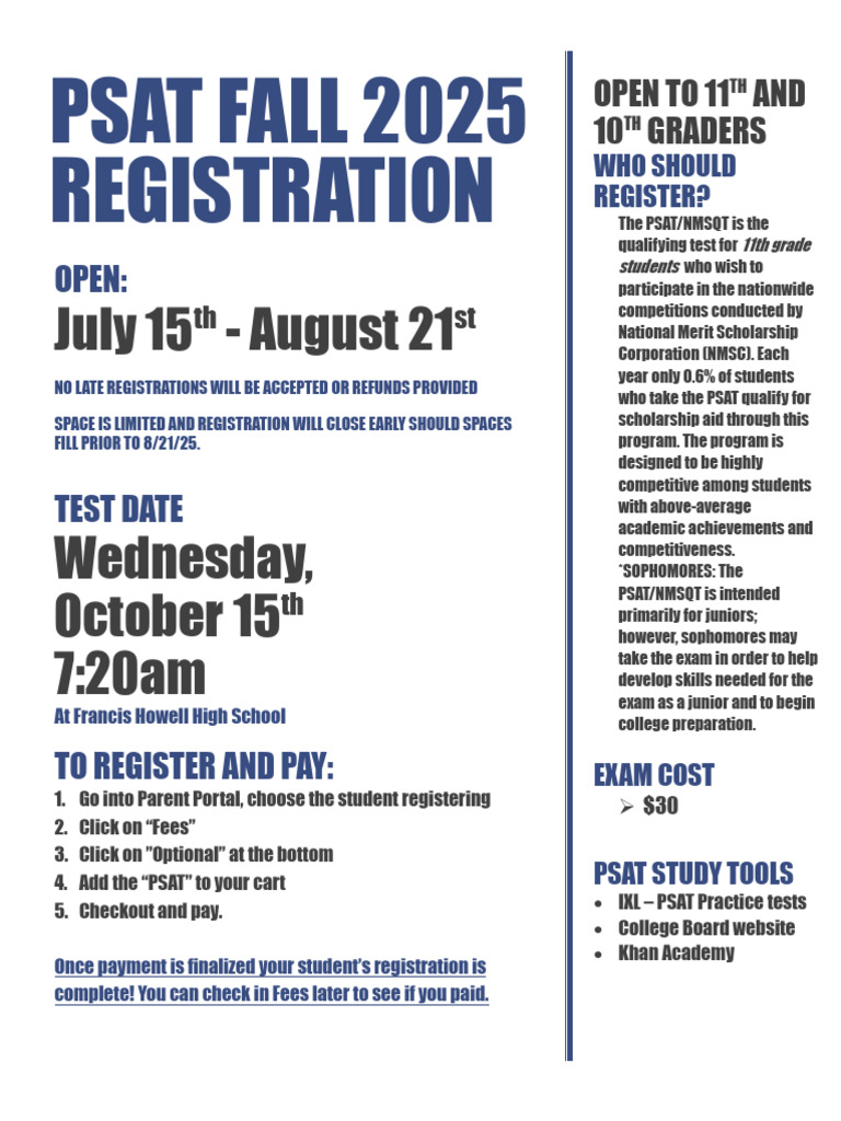 PSAT Fall 2025 Registration Details | PDF | Educational Stages