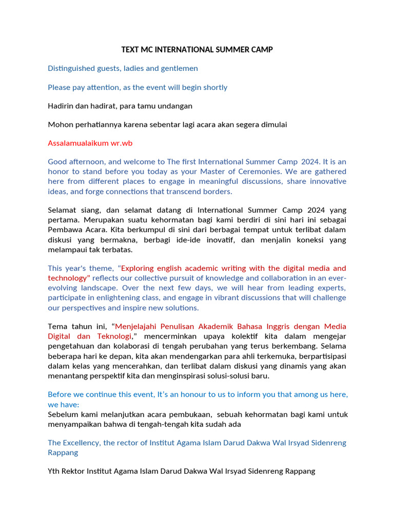 Text MC International Summer Camp | PDF