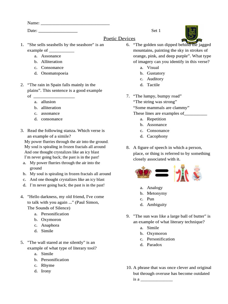 Literary Devices Test | PDF | Poetic Devices