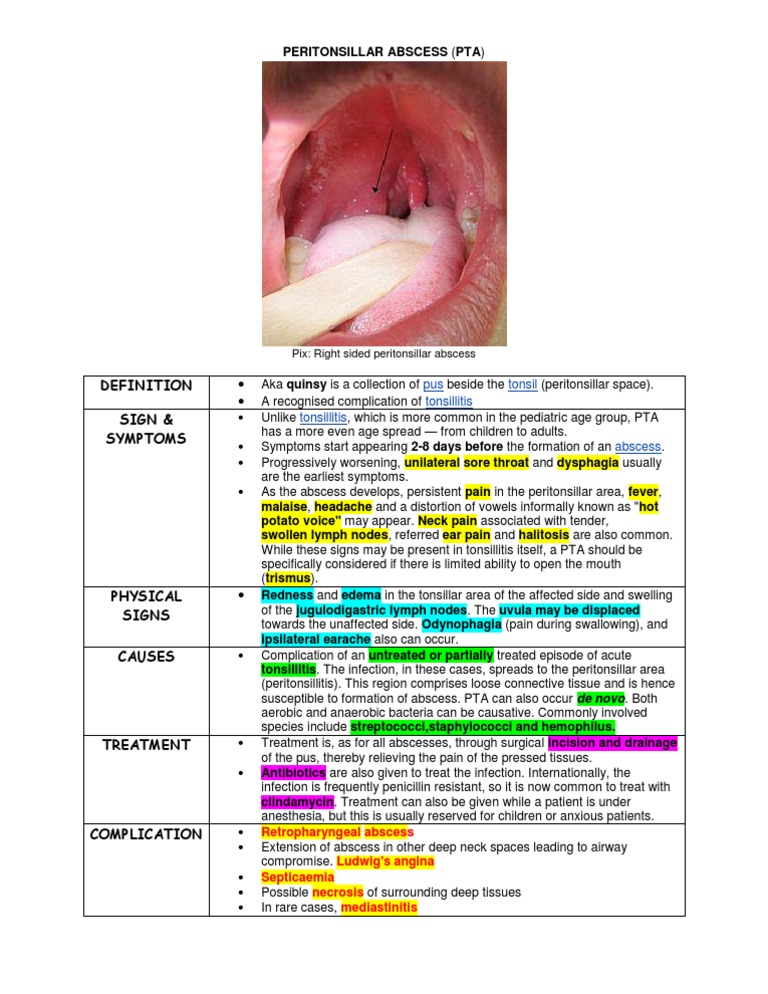 Peritonsillar Abscess Overview and Care | PDF