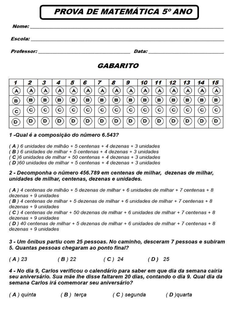 PROVA DE MATEMÁTICA - 5 ANO | PDF