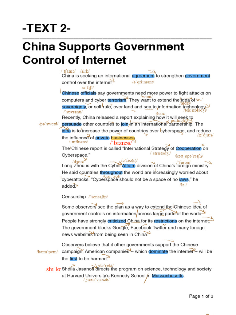 Text 2. China Supports Government Control of Internet | PDF ...