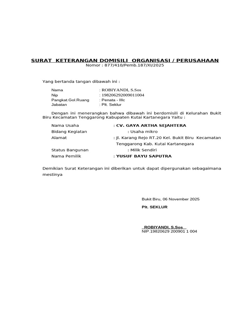 Surat Keterangan Domisili CV. Gaya Artha | PDF