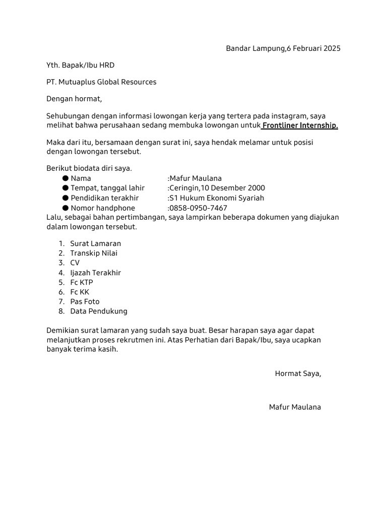 Surat Lamaran Frontliner Internship | PDF