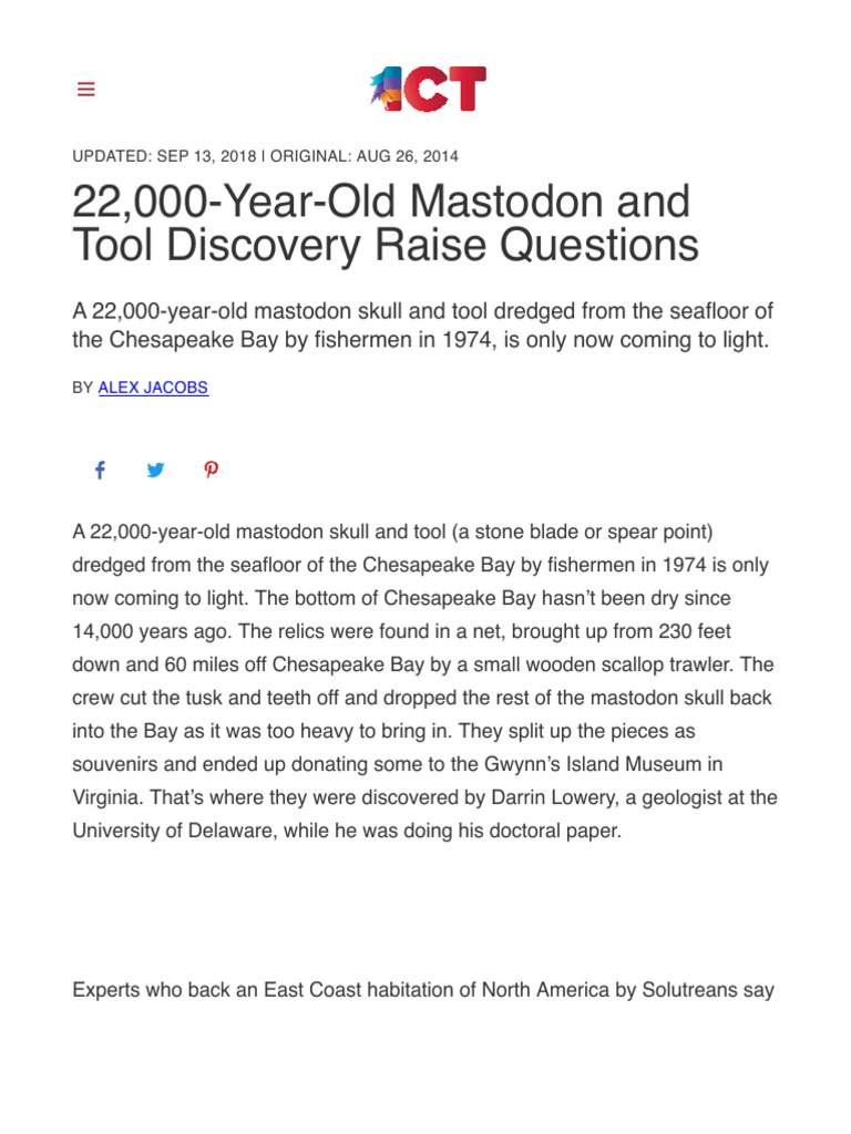 22,000-Year-Old Mastodon and Tool Discovery Raise Questions | ICT News ...
