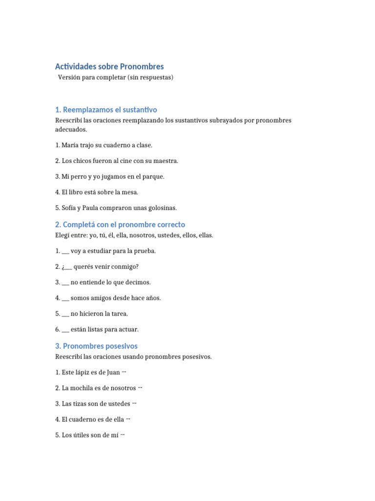 Actividades Sobre Pronombres | PDF | Pronombre