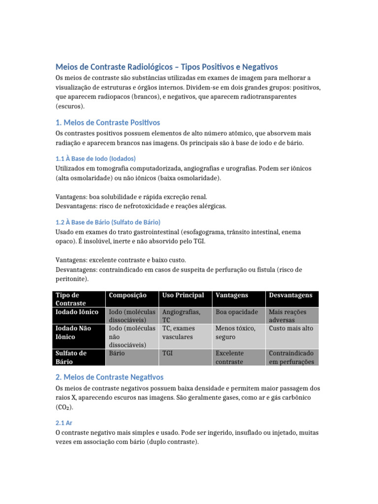 Meios de Contraste Radiológicos: Tipos e Usos | PDF | Especialidades ...