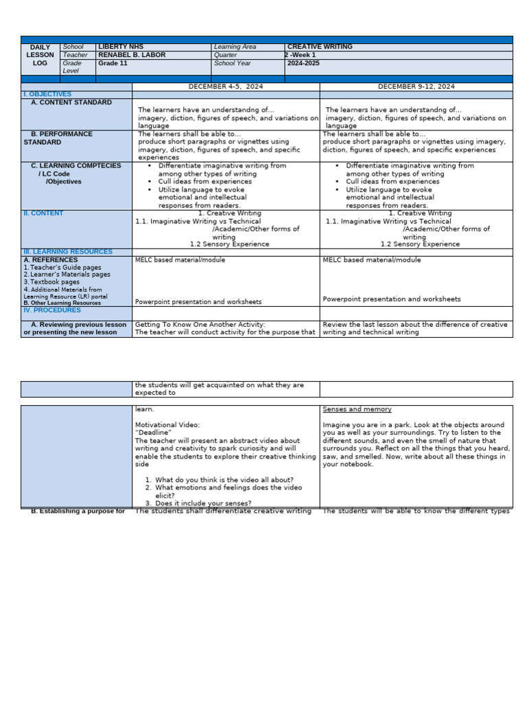 Creative Writing Lesson Plan for Grade 11 | PDF | Creativity | Behavior ...