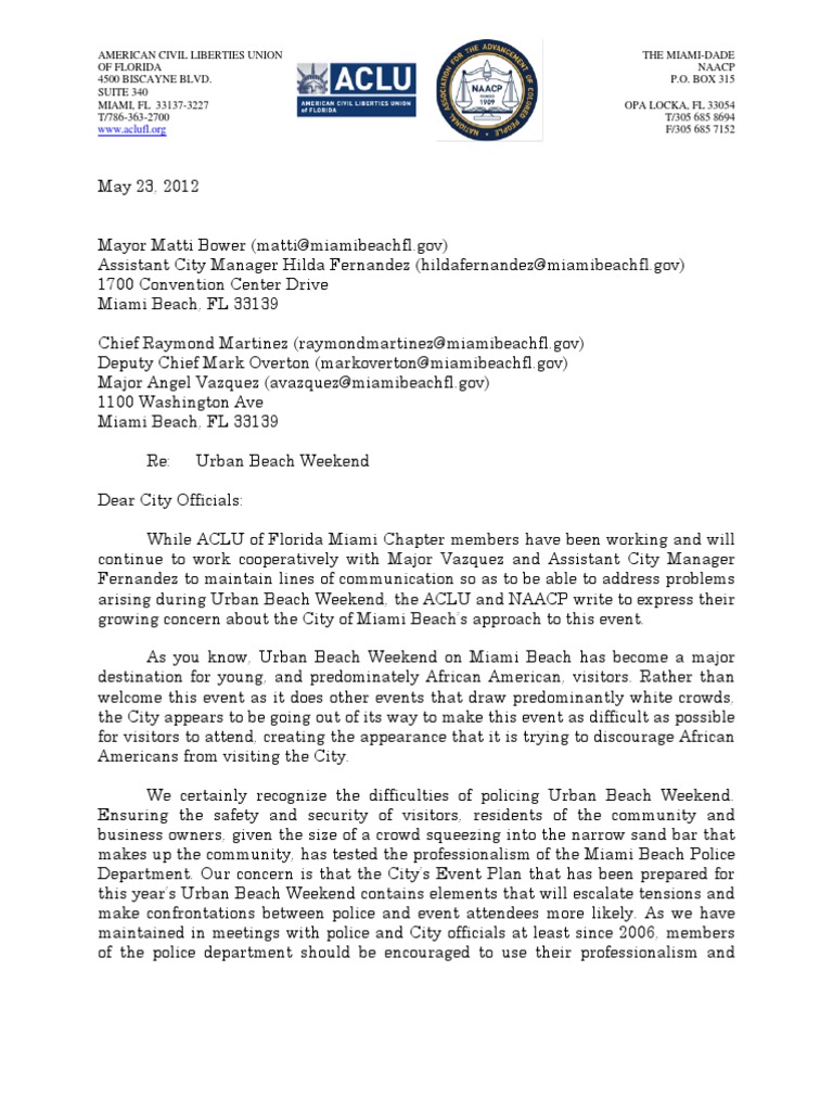 ACLU NAACP Letter To City of Miami Beach | PDF | Florida | Miami