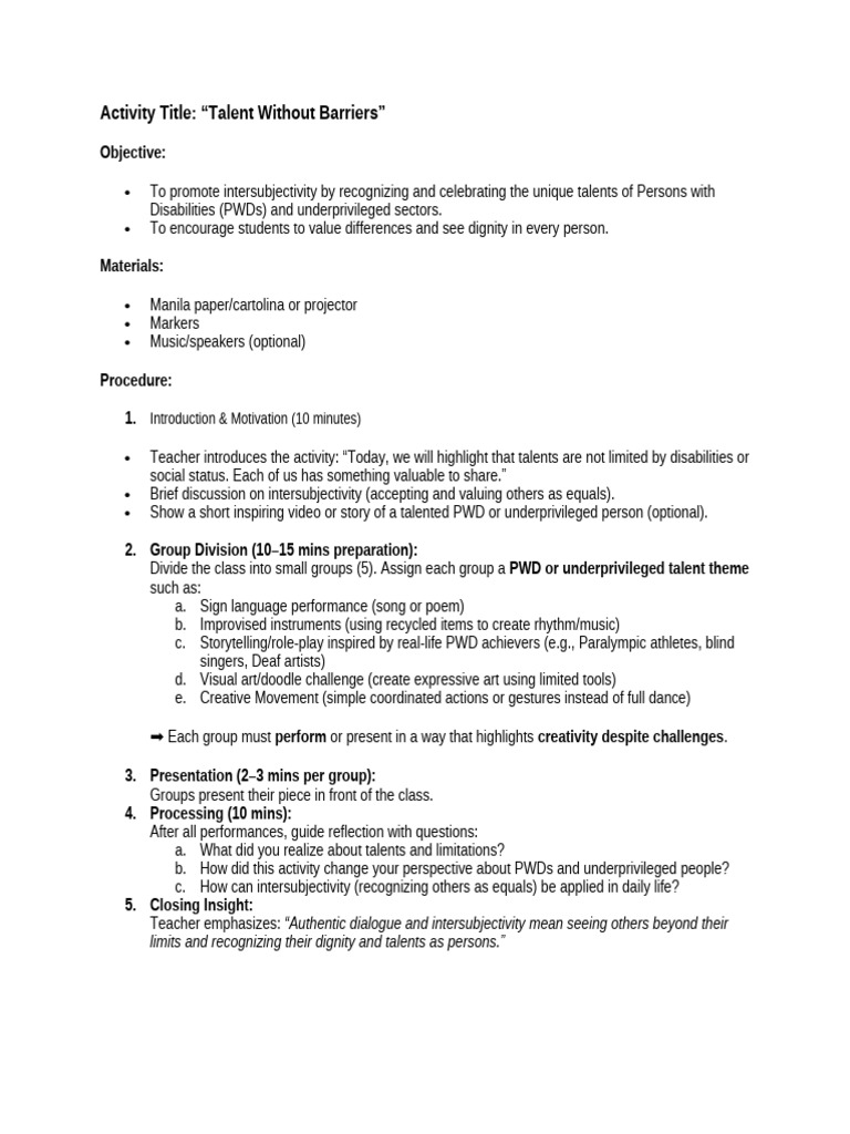 Activity Title - Talent Barriers | PDF | Disability | Human Communication