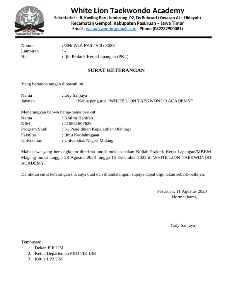 Contoh Template LOA MBKM Magang | PDF