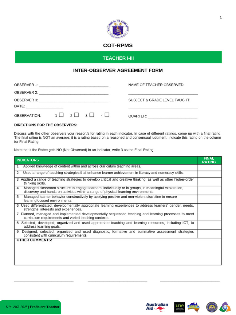 (Appendix C-09) COT-RPMS Inter-Observer Agreement Form For T I-III For SY 2022-2023 | PDF ...
