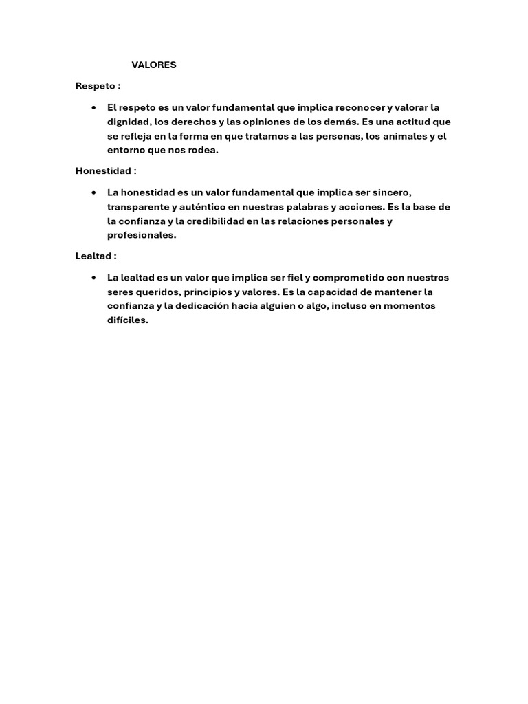 Valores Fundamentales: Respeto, Honestidad y Lealtad | PDF