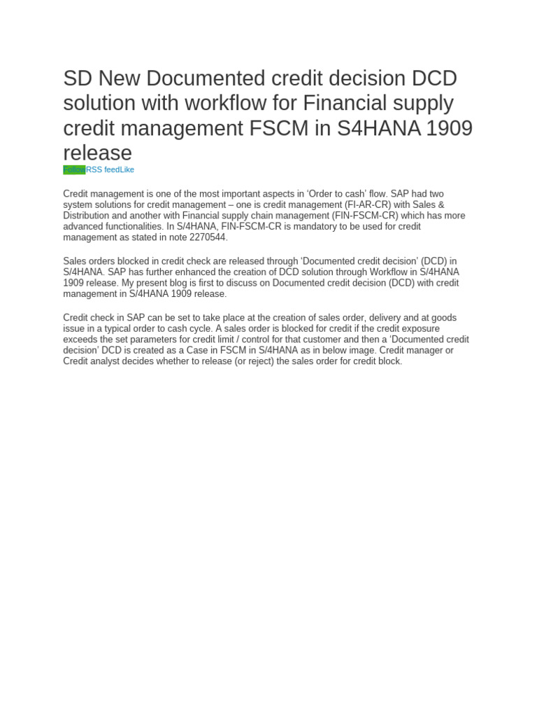 DCD Workflow in S/4HANA 1909 Credit Management | PDF | Credit | Finance ...