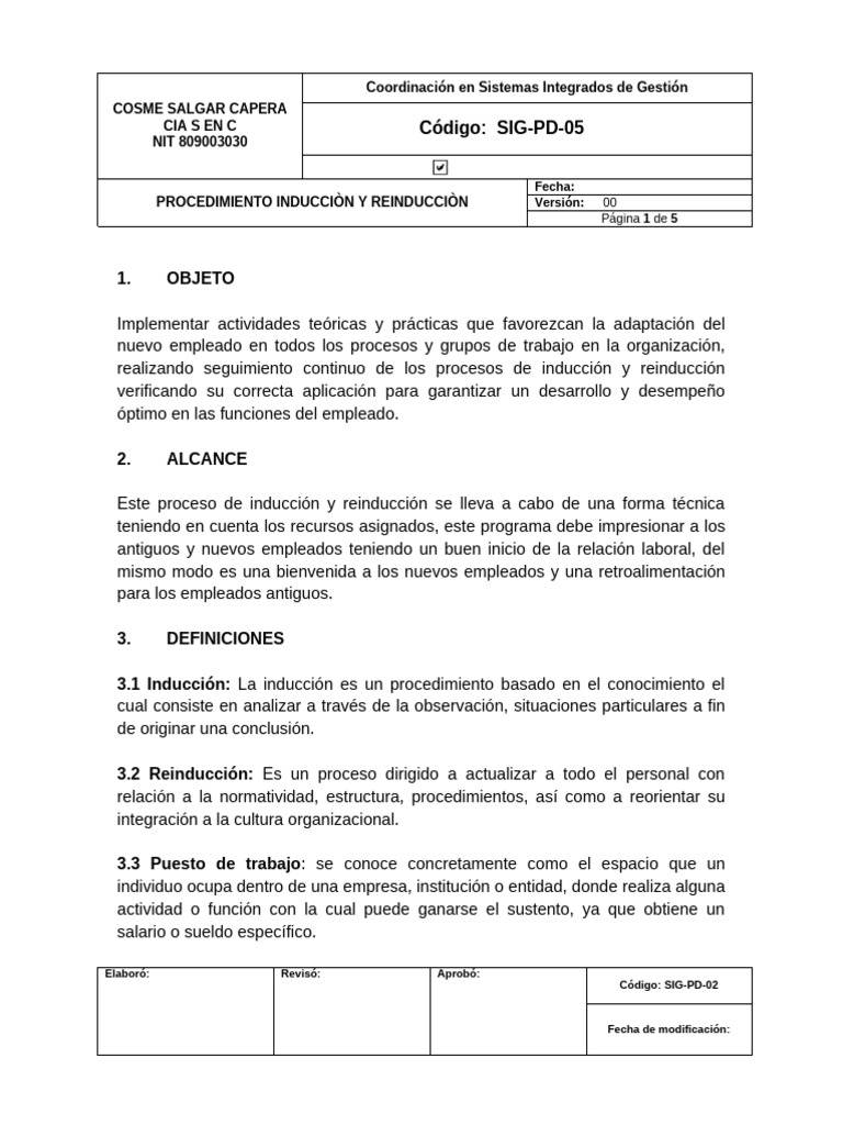Procedimiento de Inducciòn y Reinducciòn de Cosme Salgar | PDF ...