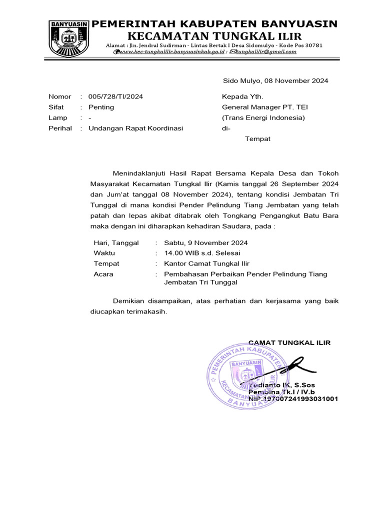 Surat Undangan Rapat Ke PT. TEI | PDF