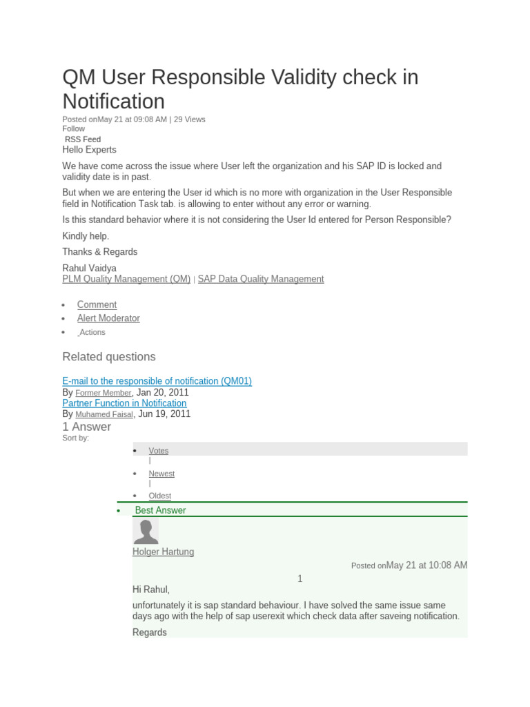 QM User Responsible Validity Check in Notification | PDF
