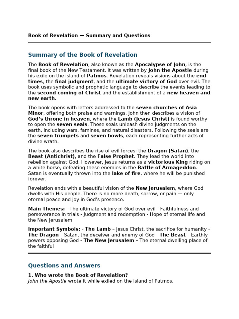 Revelation Summary Quiz | PDF | Book Of Revelation | The Beast (Revelation)