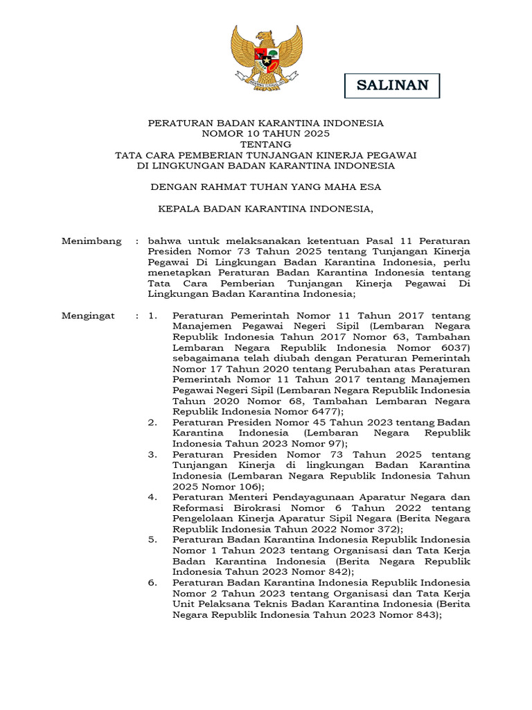 Perba 10 Tahun 2025 Tukin Barantin | PDF