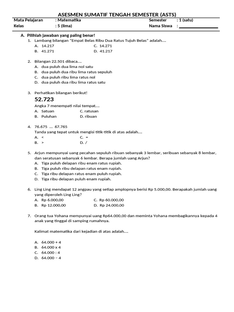 Soal Asts Matematika Kelas 5 Semester 1 | PDF