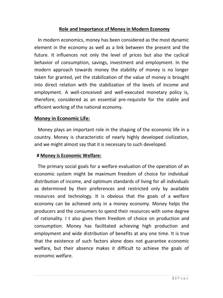 Role and Importance of Money in Modern Economy | PDF