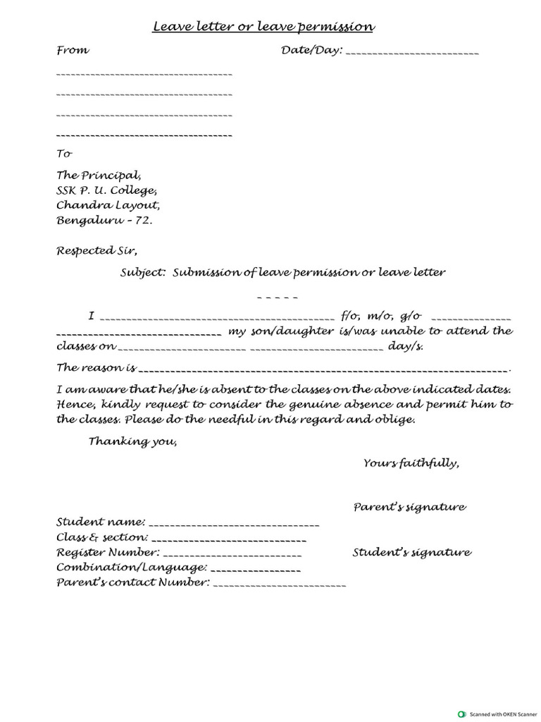 Leave Letter or Leave Permission | PDF