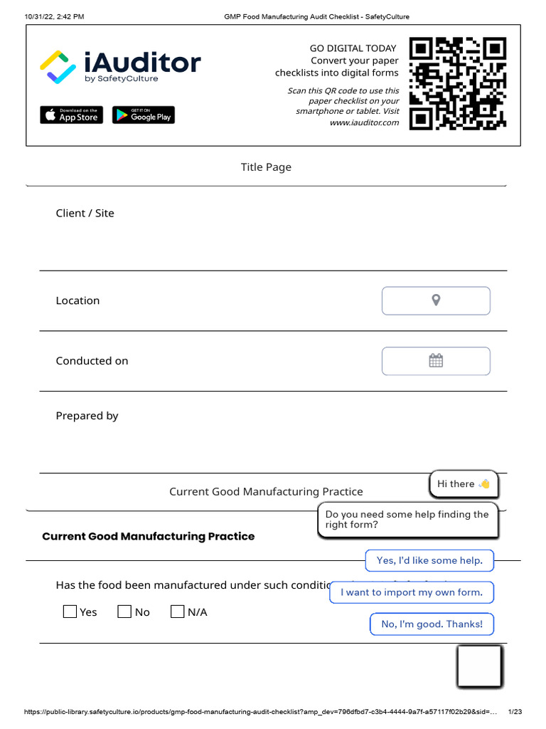 GMP Food Manufacturing Audit Checklist - SafetyCulture | PDF ...