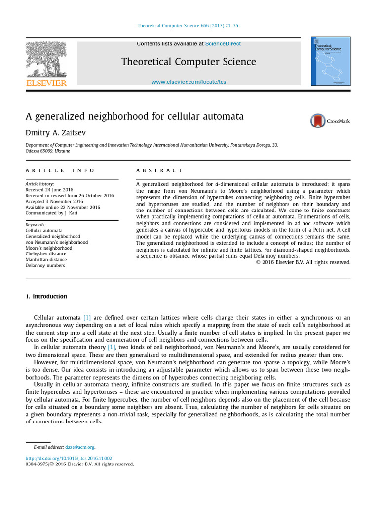 A generalized neighborhood for cellular automata | PDF | Dimension | Mathematical Concepts