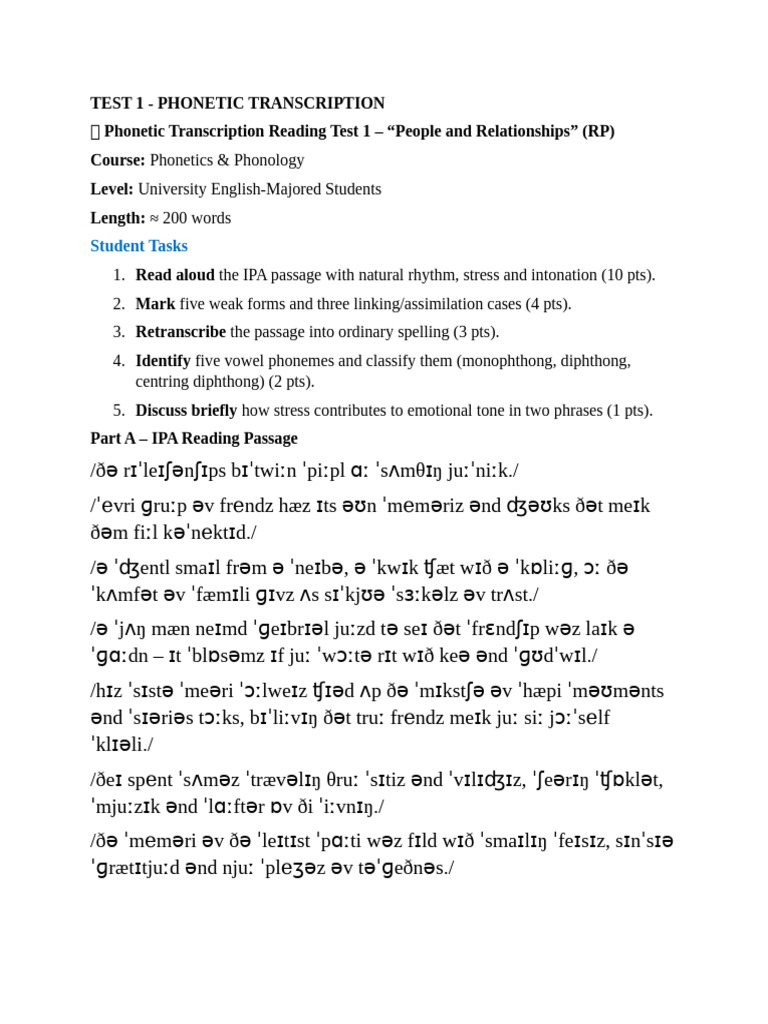 Test 1 - Phonetic Transcription - People and Relationships | PDF