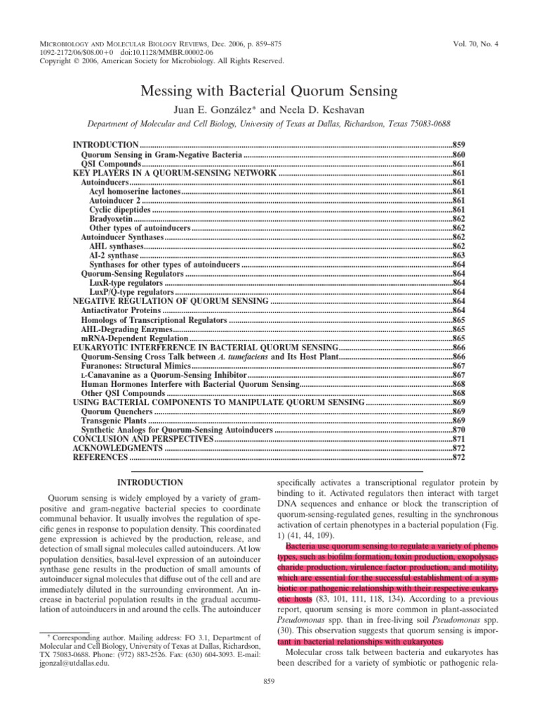 Bacterial Quorum Sensing Insights | PDF | Bacteria | Biology