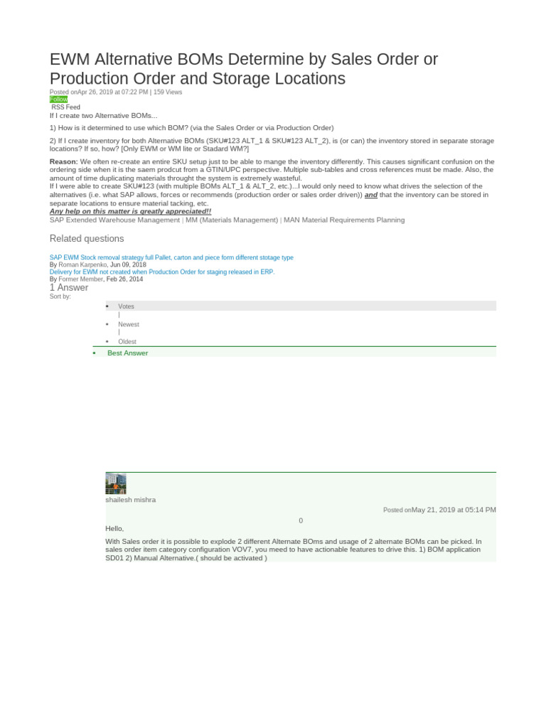 EWM Alternative BOMs Determine by Sales Order or Production Order and ...