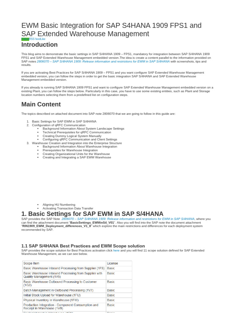 SAP EWM Integration Guide for S/4HANA 1909 | PDF | Logistics | Warehouse