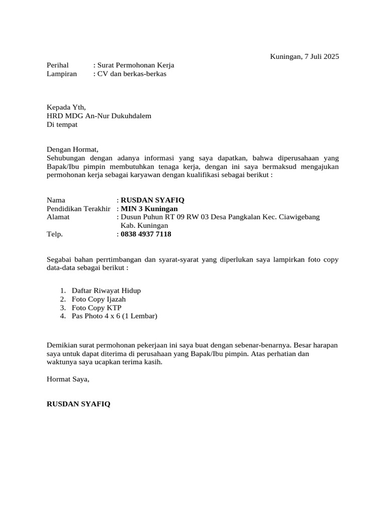 Surat Permohonan Kerja RUSDAN SYAFIQ | PDF