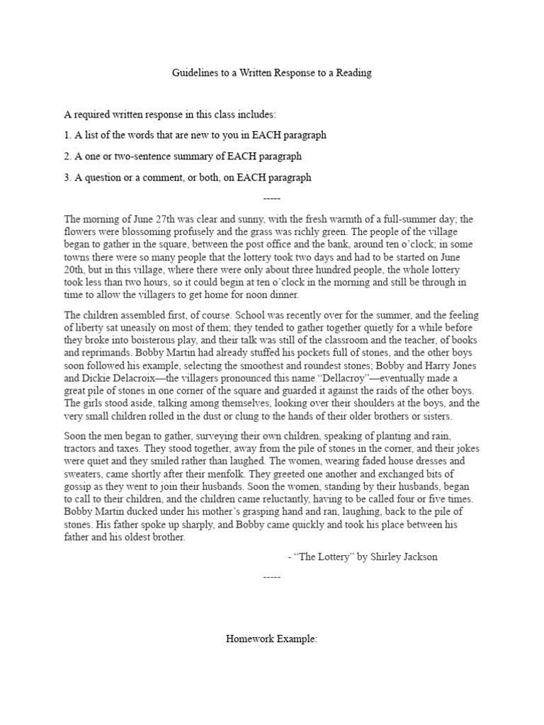 Guidelines To Written Response To A Reading (With Rubric) | PDF