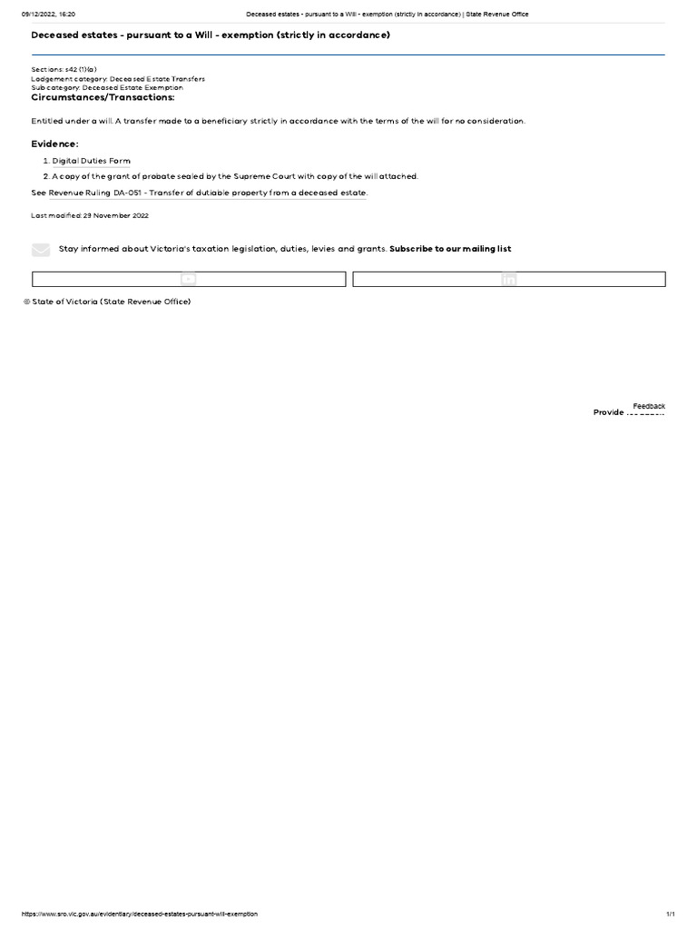 Deceased Estates - Pursuant To A Will - Exemption (Strictly in ...